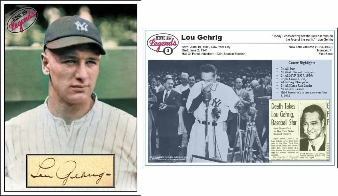 Lou GEHRIG 2020 ACEO Legends #3 * Short Print * A.I. Colorized * Free ...