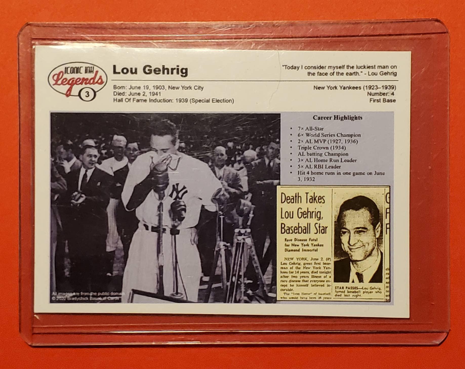 Lou GEHRIG 2020 ACEO Legends #3 * Short Print * A.I. Colorized * Free ...