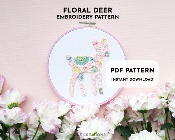 Floral Deer Hand Embroidery Pattern and Stitch Guide - Etsy