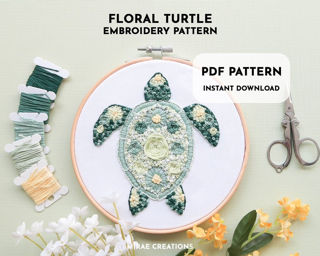 Floral Turtle Hand Embroidery Pattern and Stitch Guide Sea - Etsy