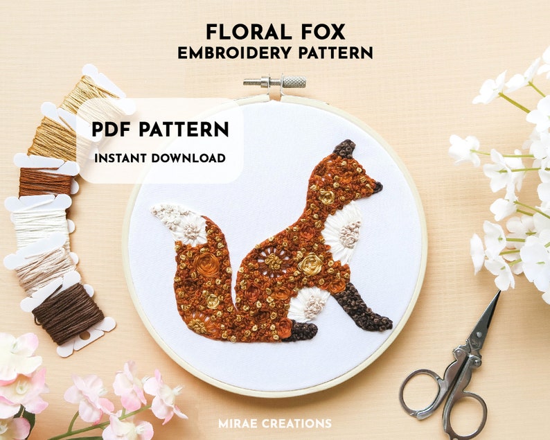 Floral Fox Hand Embroidery Pattern and Stitch Guide Woodland - Etsy