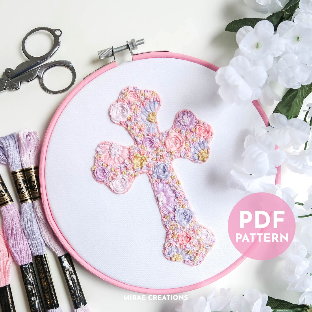 Floral Cross Embroidery Pattern and Stitch Guide | Easter Embroidery ...