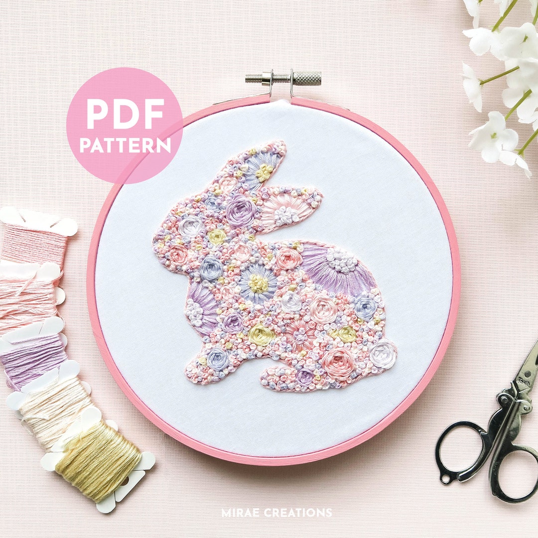 Original Floral Bunny Hand Embroidery Pattern and Stitch Guide | Easter ...