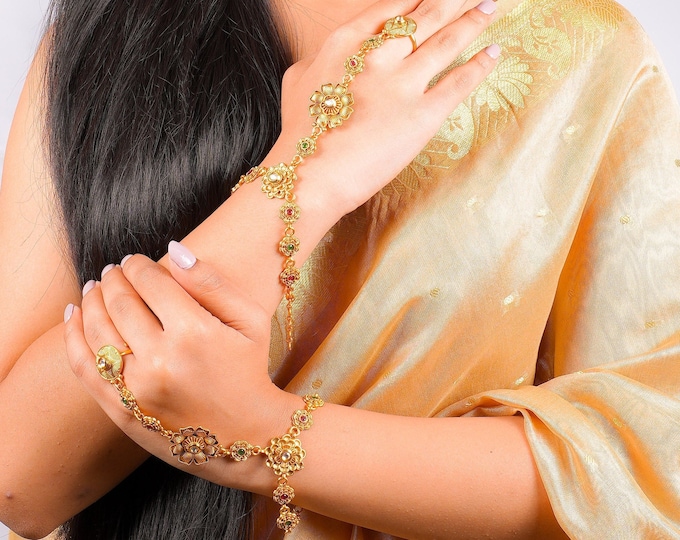 Haath Phool Antique Gold Panjas Bracelet Hand Harness India Gold ...