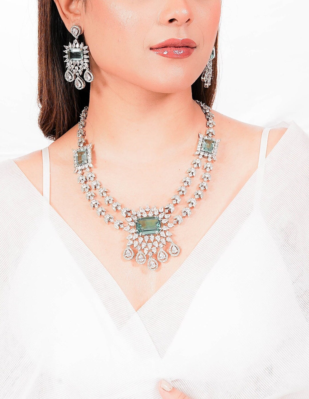 American Diamond Necklace Set Sabyasachi Jewelry Set Mint Green ...
