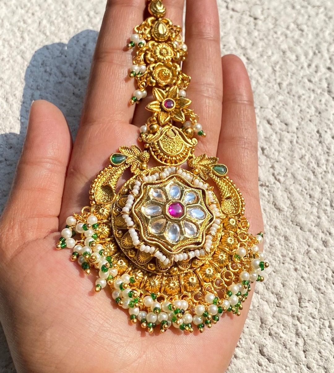 Antique Gold Tikka Jadau Maang Tikka Kundan Emerald Green Indian Bridal ...
