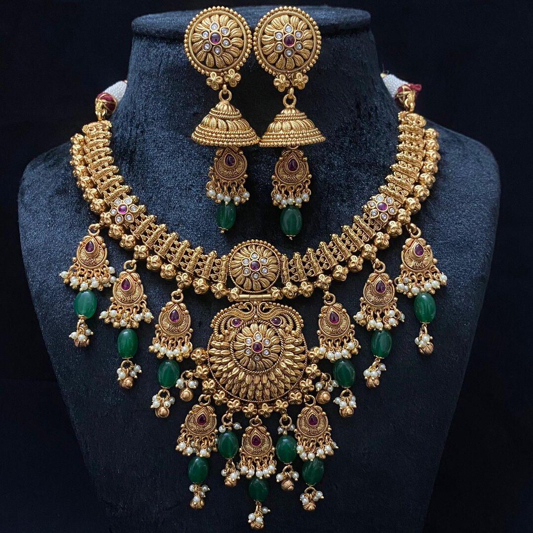 Collar verde de la India, gargantilla de oro antiguo, joyería del sur ...