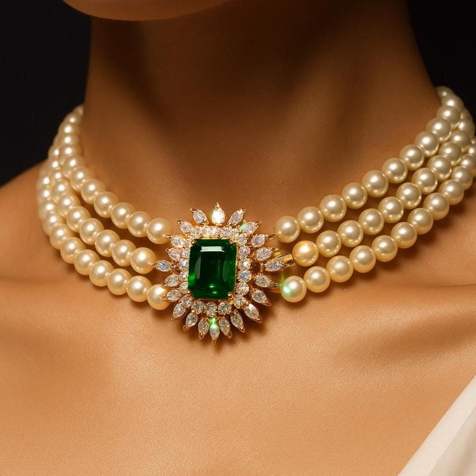 Emerald Pearl Choker Necklace Green CZ Moissanite American Diamond ...
