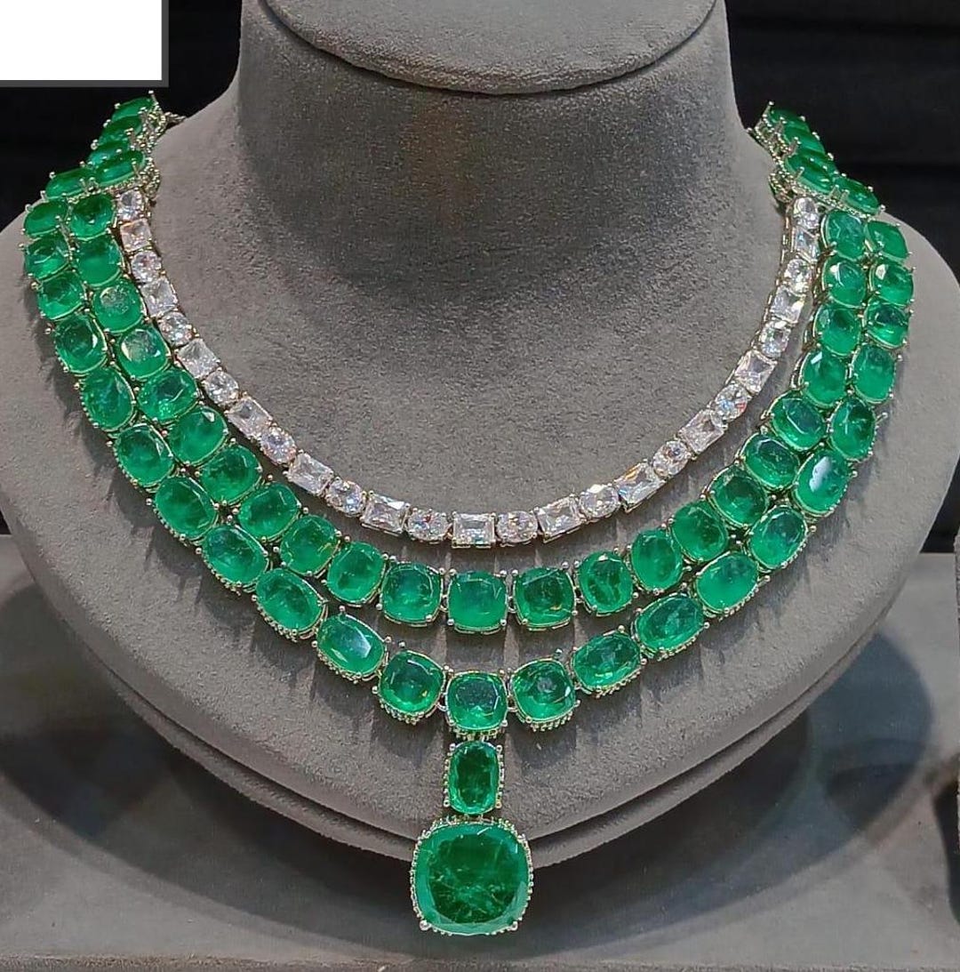 Emerald Doublet Necklace | Green CZ Diamond Necklace Set | Rhodium ...
