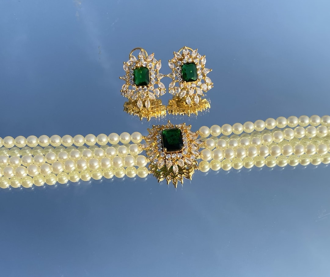 Emerald Choker Necklace India Pearl Emerald Necklace American Diamond ...
