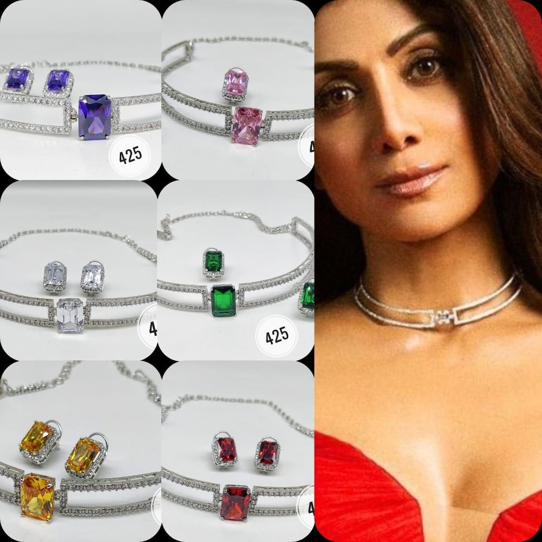 Emerald Choker PREMIUM Shilpa Shetty American Diamond Necklace Set ...