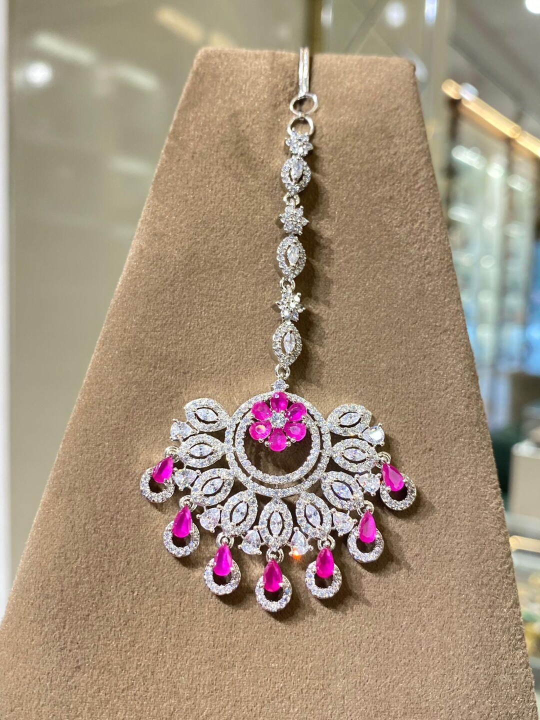 Ruby Tikka American Diamond Maang Tikka Pink Tikka India Jewelry ...