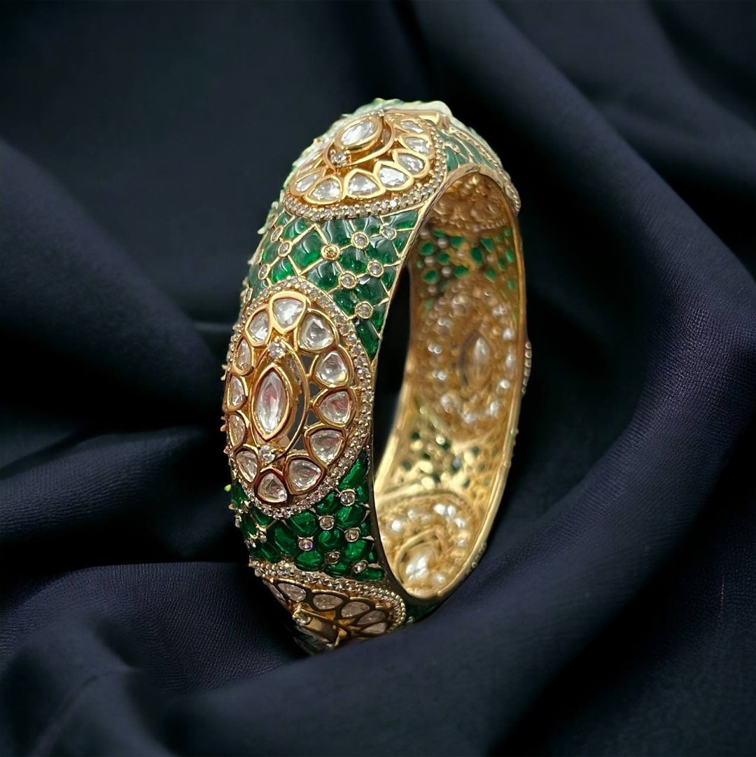 Emerald Polki Bangle Green Kundan Bangle Moissanite Polki Bracelet Sabyasachi Inspired Uncut ...