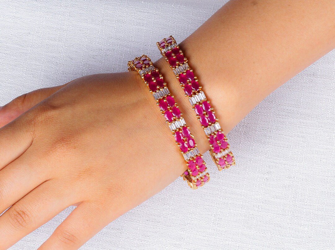 Ruby Bangle 22K Gold Plated India Diamond Jewelry Pink Bangle Set ...