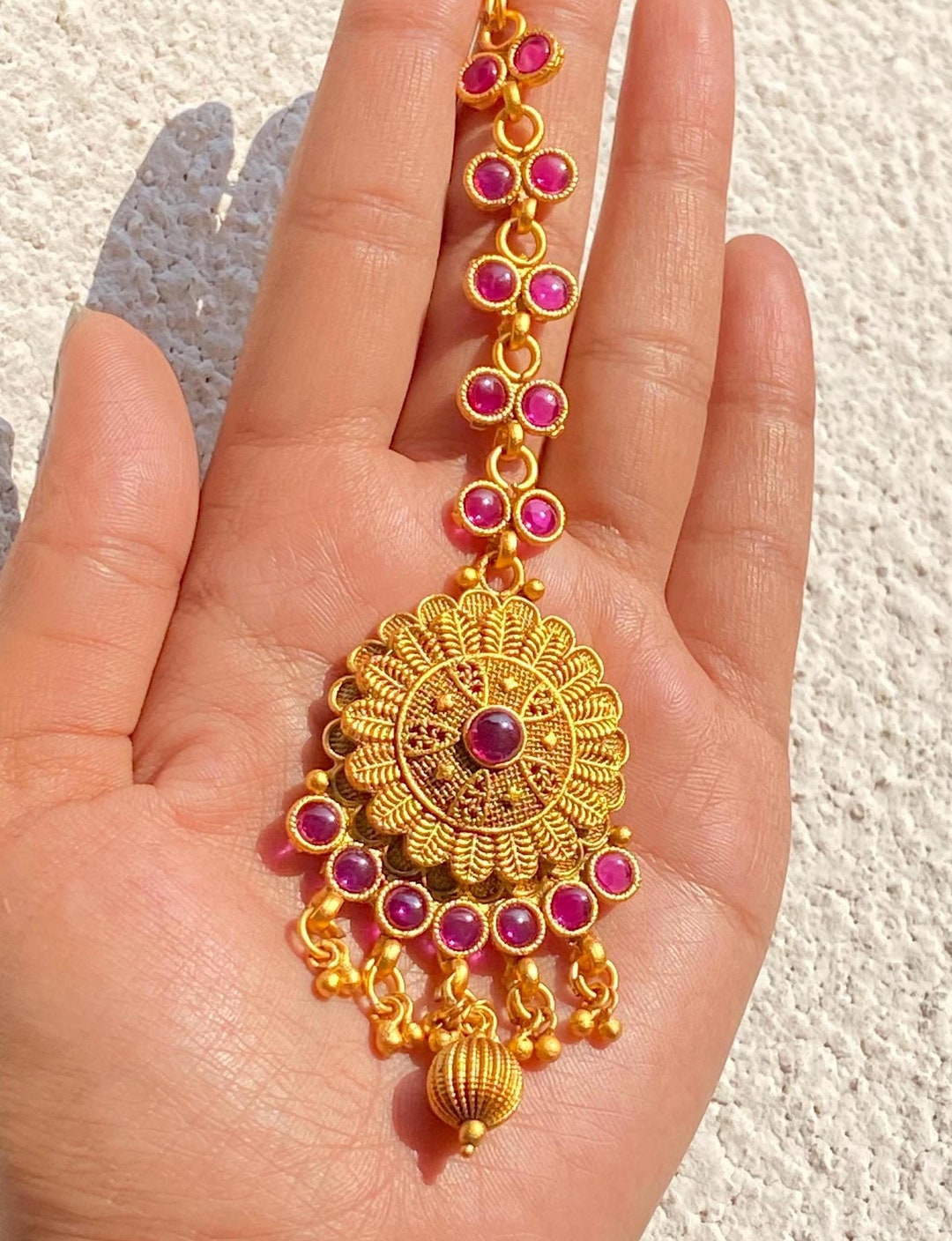 Ruby Maang Tikka 22k Antique Gold Tikka South Indian Jewelry Indian ...