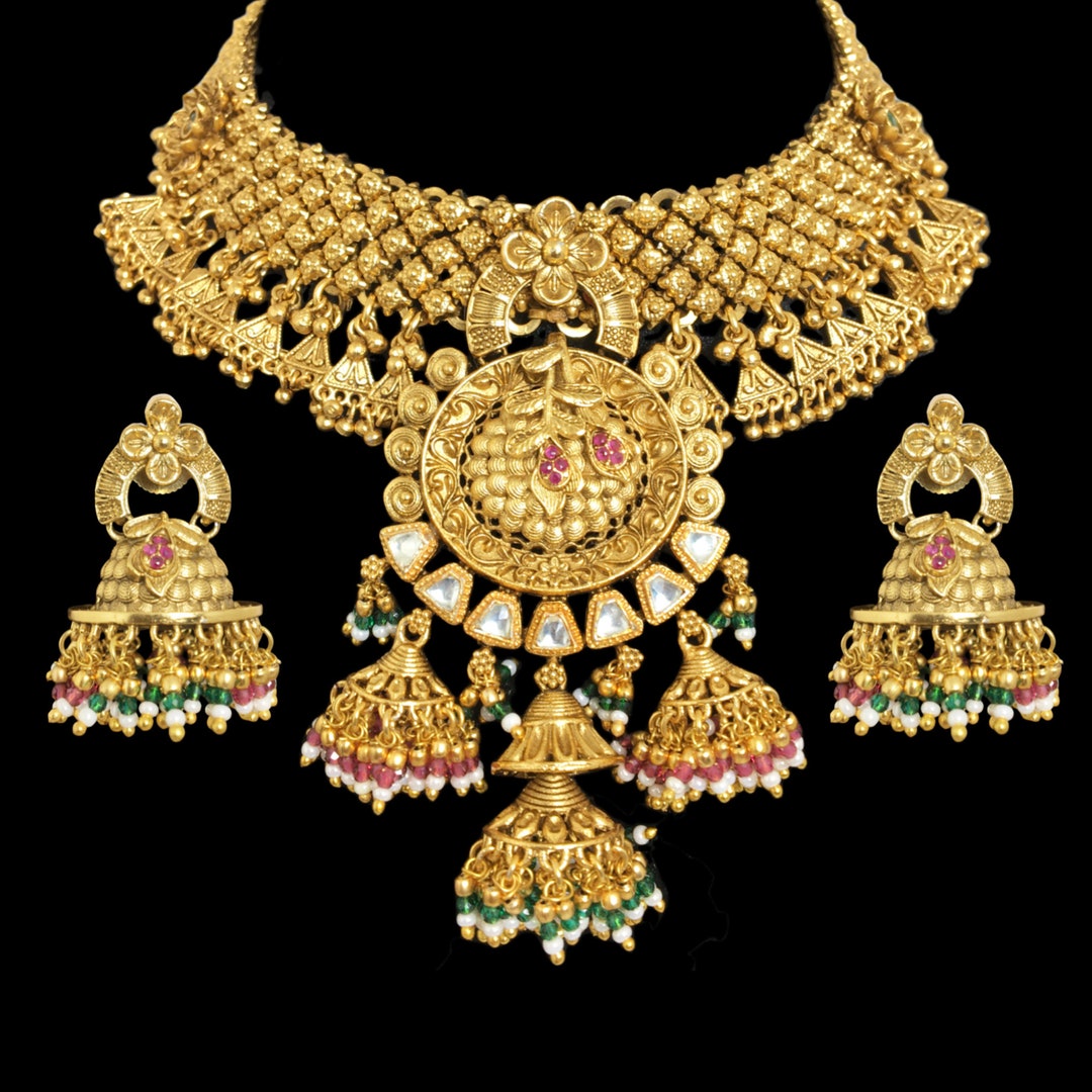India Necklace Antique Gold Indian Bridal Jewelry Kundan Necklace South ...