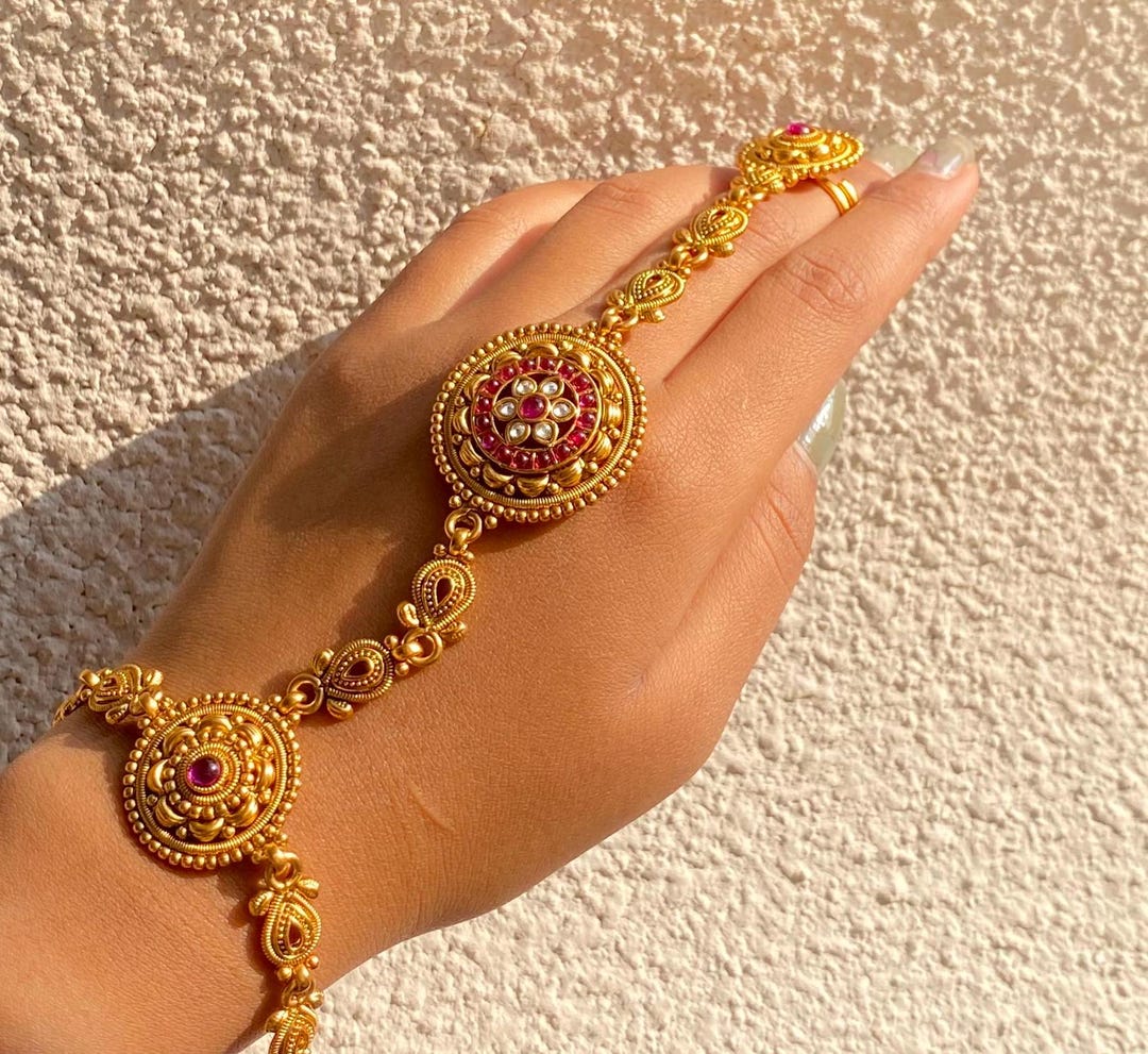 Haath Phool Antique Gold Panjas Bracelet Hand Harnedd Golden Indian ...