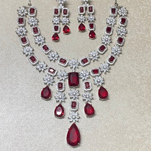 Ruby Necklace PREMIUM Red Diamond India Jewelry Cubic Zirconia Ruby Red Statement American ...