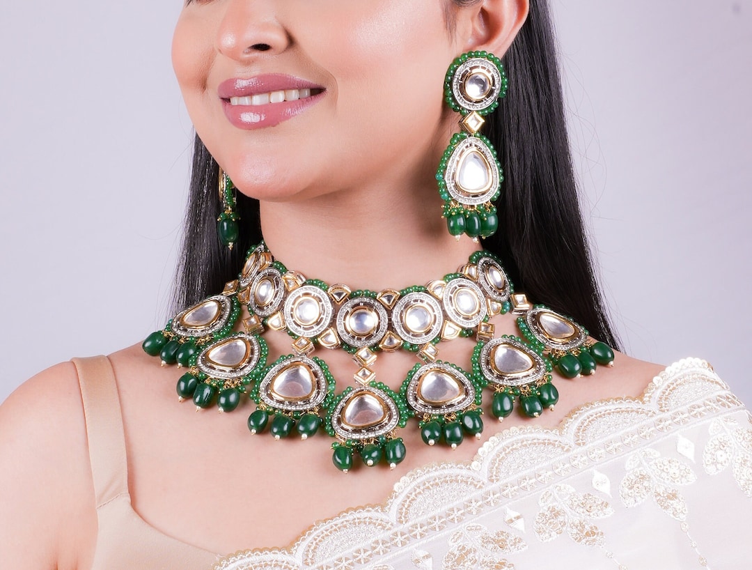 Uncut Polki Kundan Necklac Emerald Green Kundan Jewelry Set - Etsy