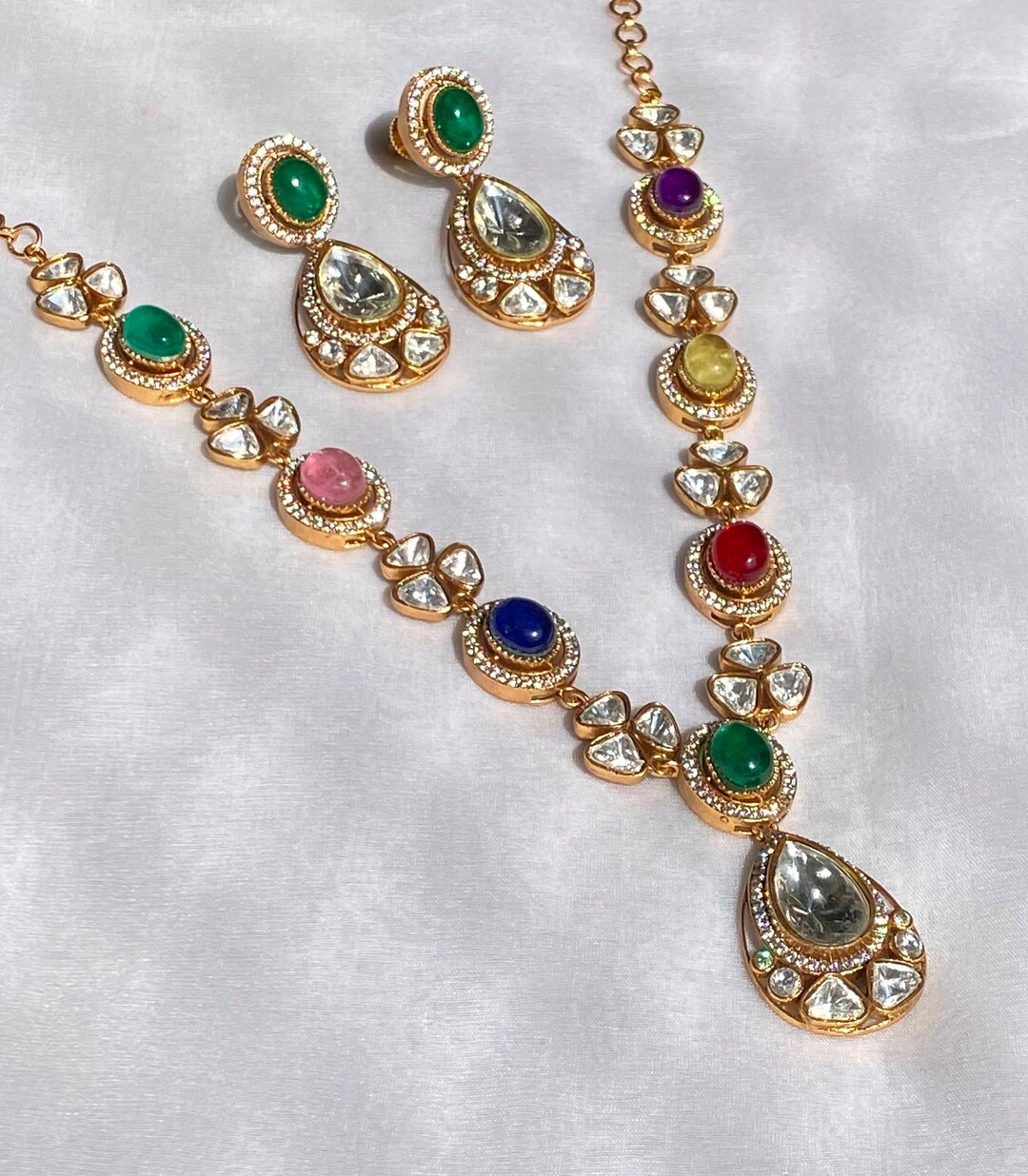 Navratan Polki Necklace Sabyasachi Inspired Kundan Long Necklace Uncut ...