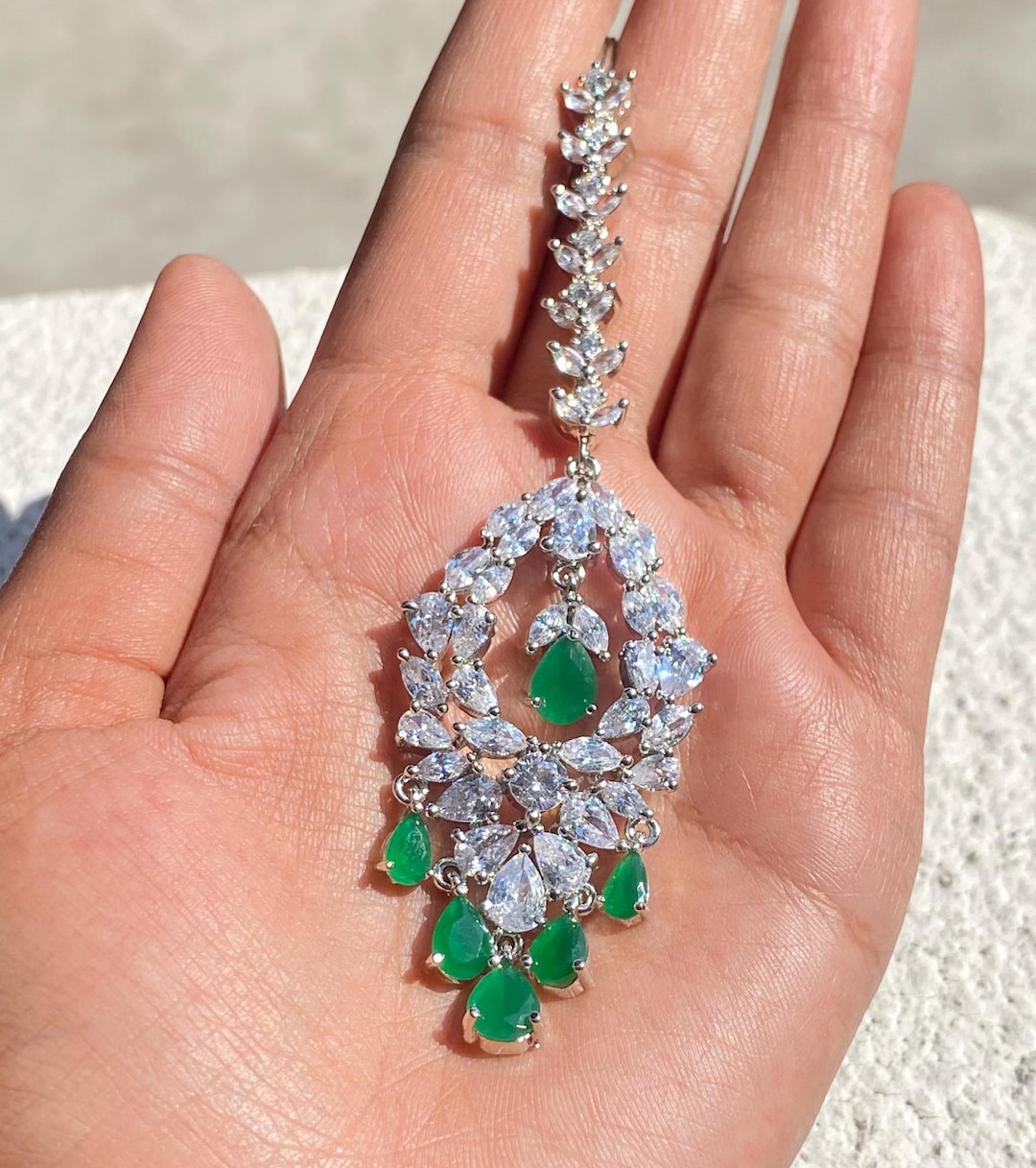 Emerald Diamond Maang Tikka Silver Plated Green India Jewelry PREMIUM ...