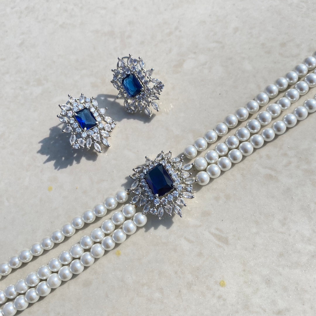 Pearl Sapphire Choker Blue Diamond Necklace India Cubic Zirconia Blue ...