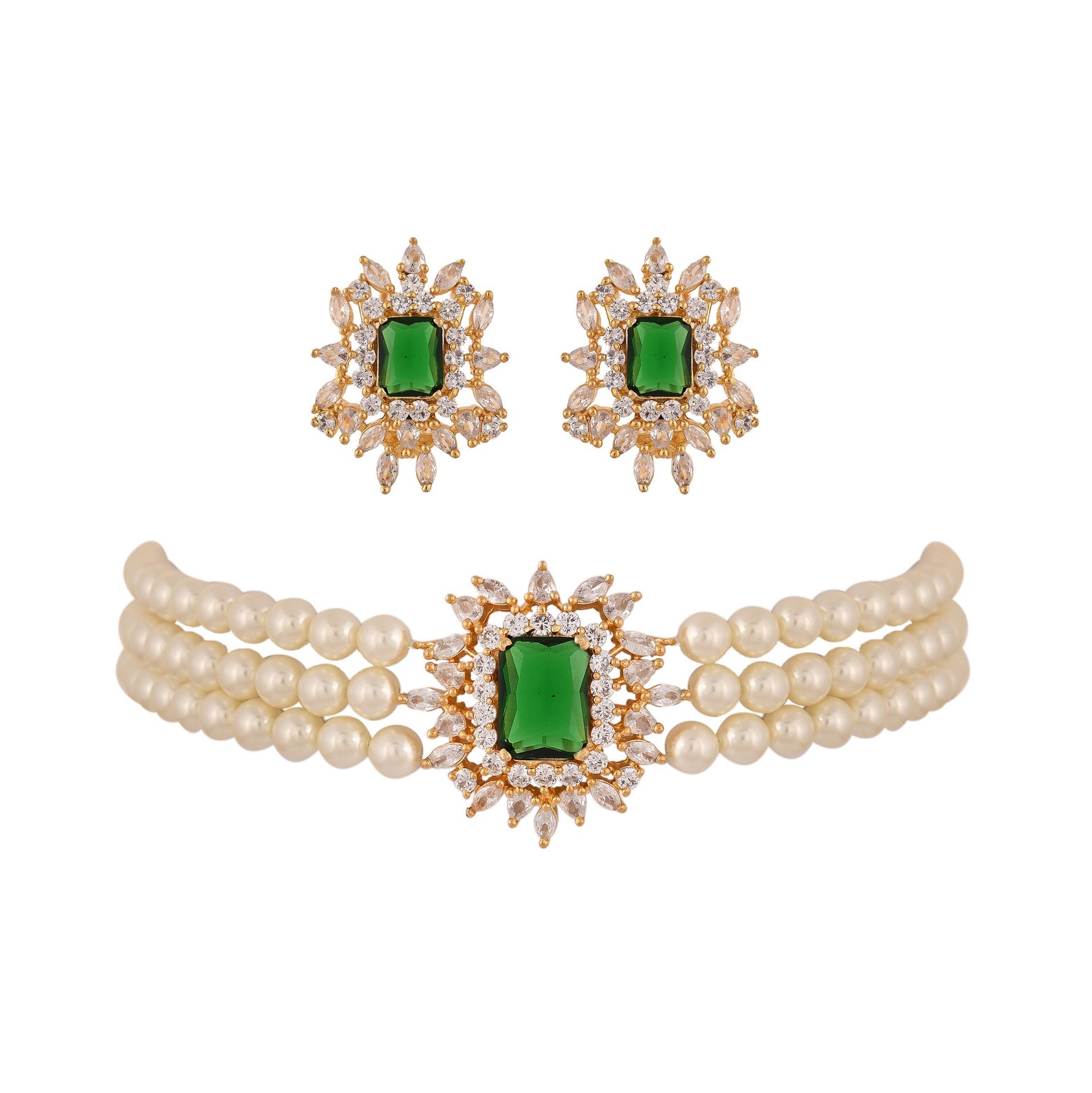 Emerald Pearl Choker Necklace Green CZ Moissanite American Diamond ...
