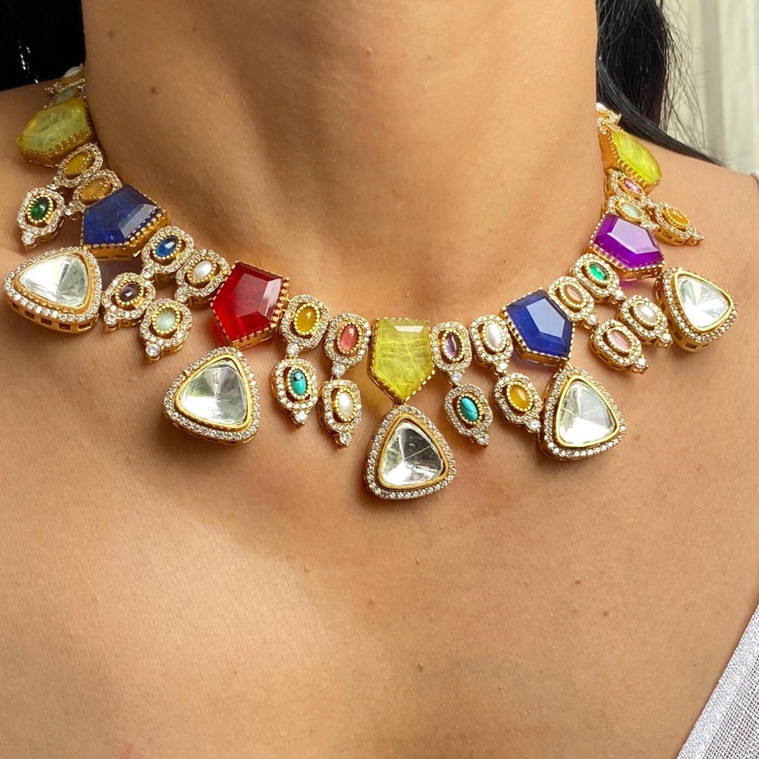 Navratan Necklace Sabyasachi Jewelry Polki Choker Moissanite Polki ...
