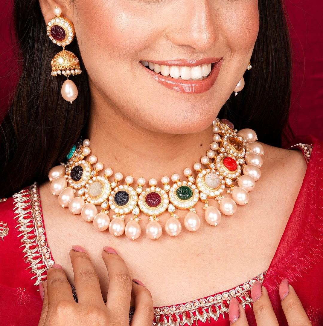 Navratan Necklace Sabyasachi Jewelry Set Polki Necklace Kundan - Etsy