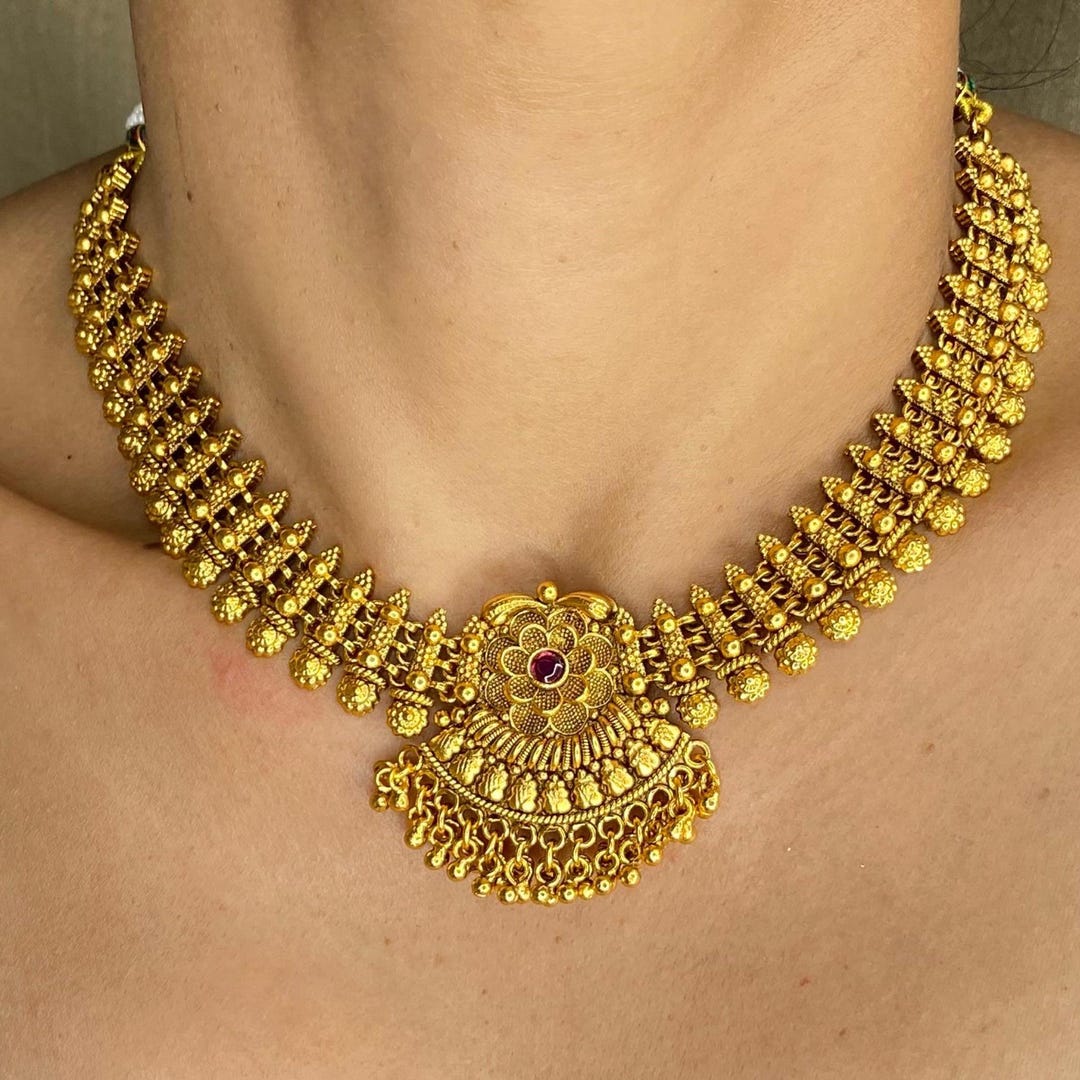 Indian Necklace Ruby Temple Jewelry Gold Plated Antique Jewelry South ...