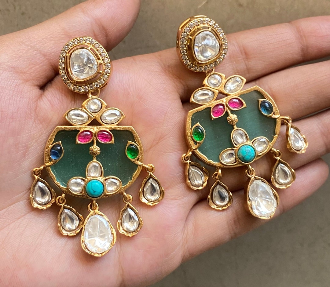 Green Polki Earring Jadau Kundan Jewelry Emerald Amrapali Inspired Royal Polki Diamond Chandbali ...
