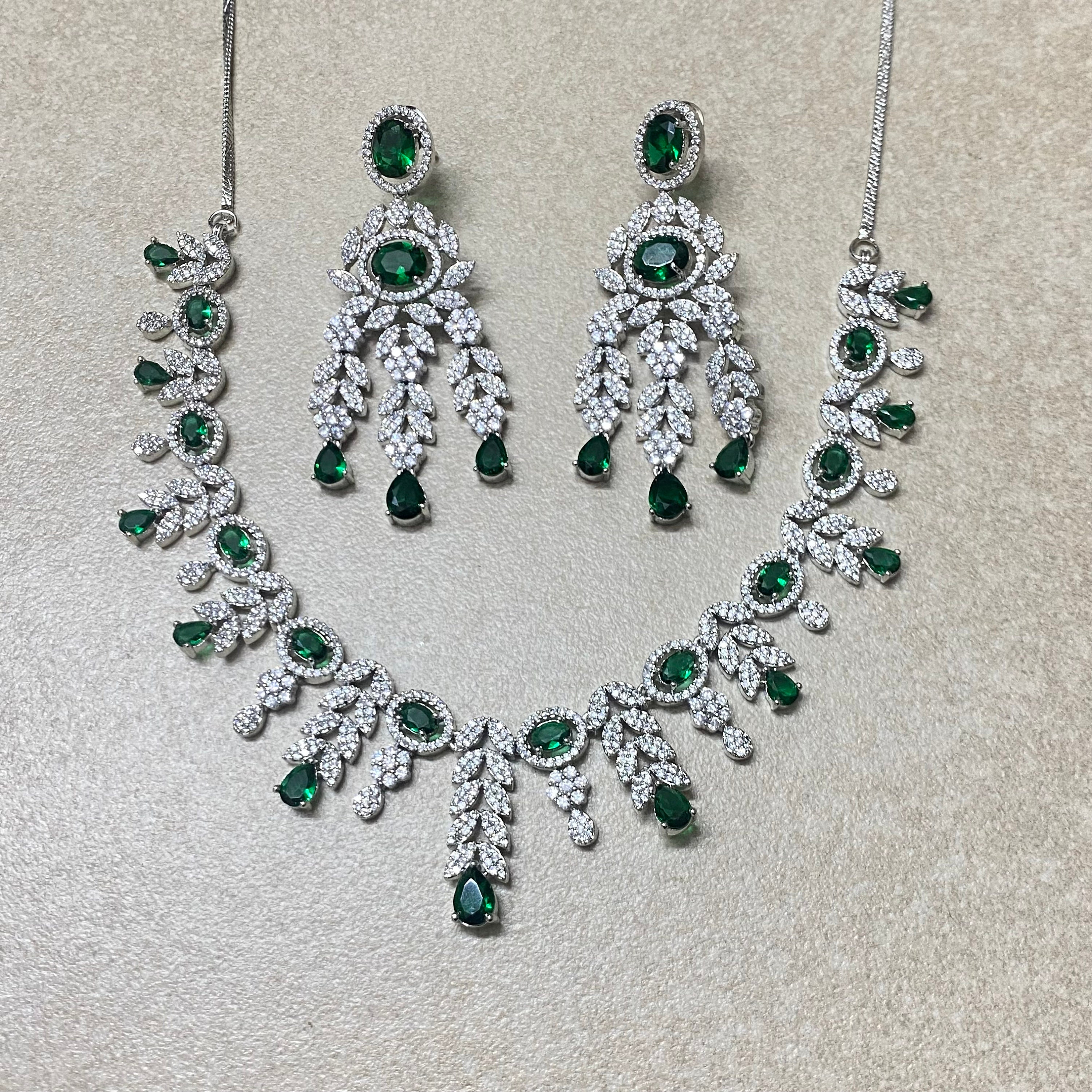 Voylla Sparkling Elegance Radiant Green American Diamond Necklace Set