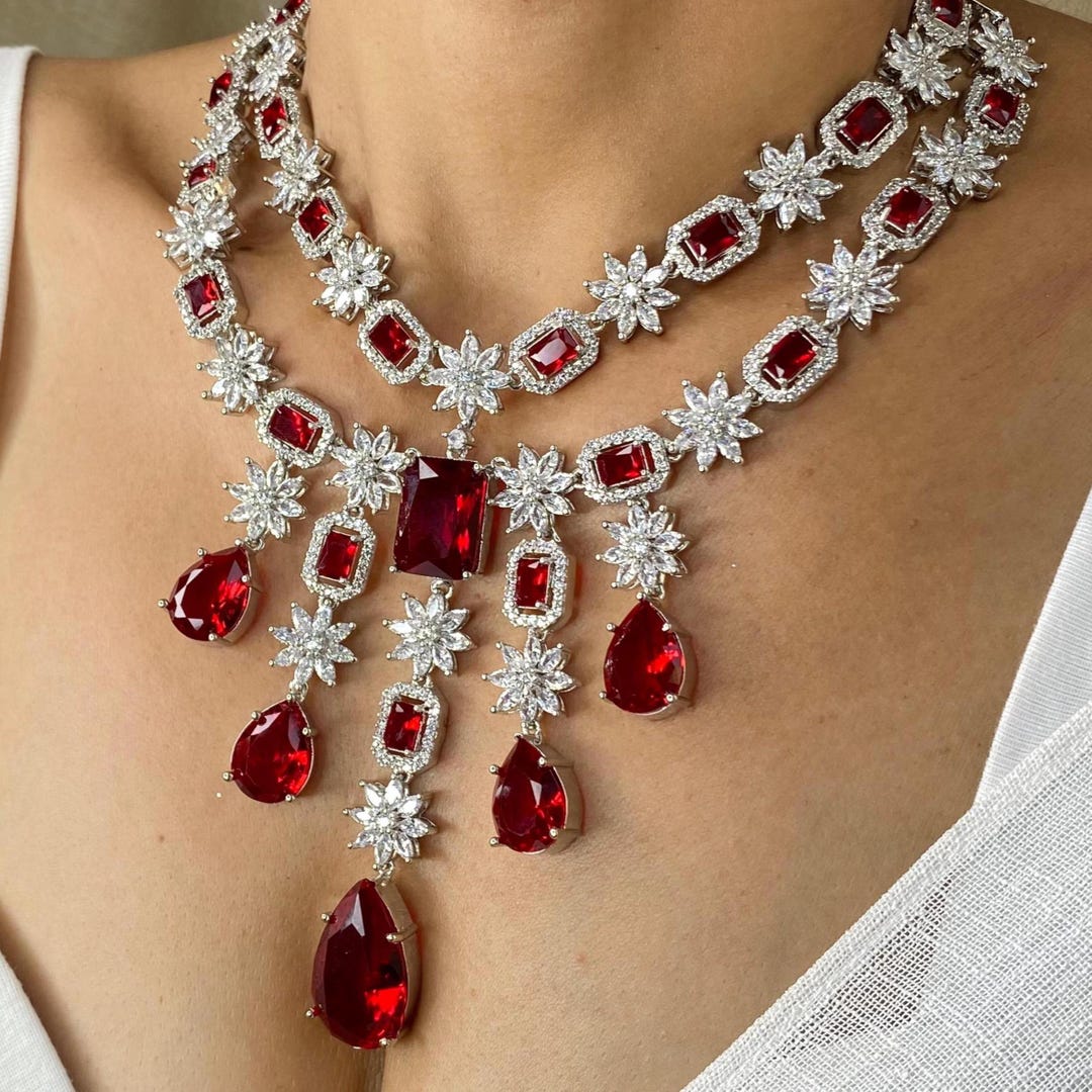 Ruby Necklace PREMIUM Red Diamond India Jewelry Cubic Zirconia Ruby Red ...