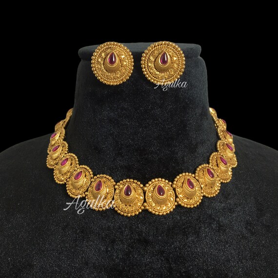 Gold Plated Indian Jewelry Choker Ruby Antique Gold Temple Jewelry South Indian Jewelry Indian PREMIUM Wedding Necklace With Studs for Women Etsy