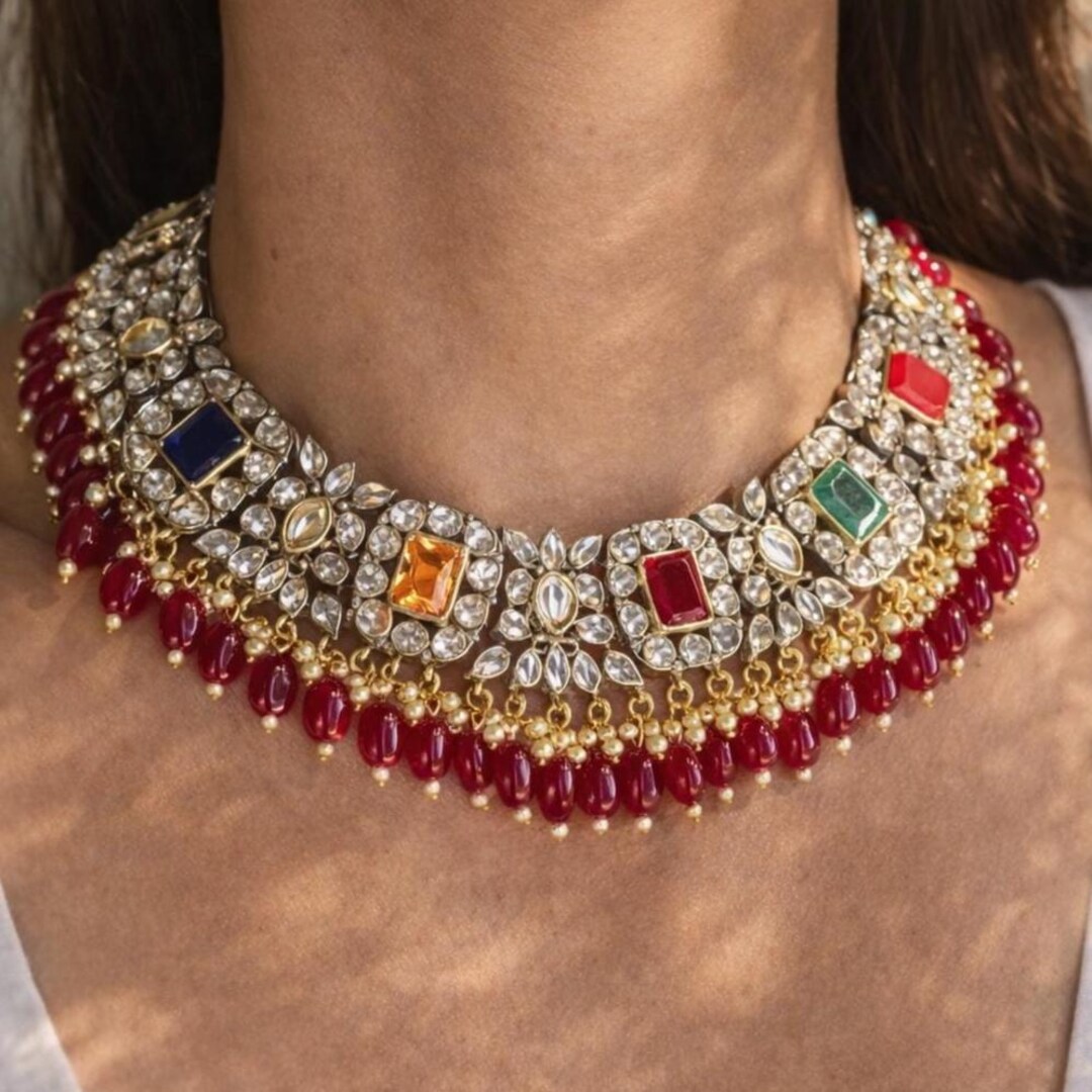 Navratan Necklace Victorian Polki Diamond Moissanite Necklace Jadau ...
