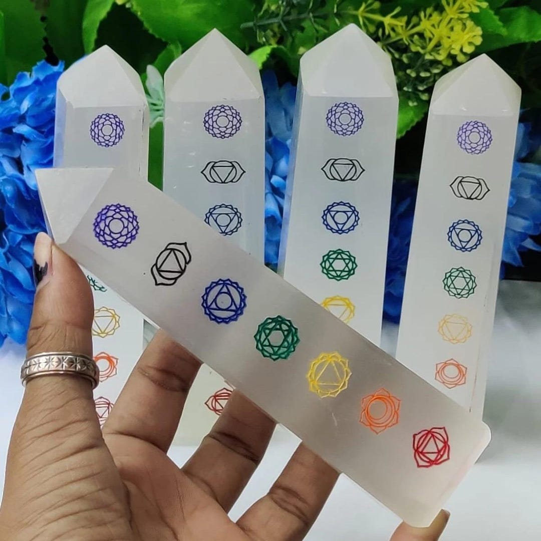 5.5 Selenite Stone Obelisks Tower Wand With Seven Chakras Reiki Symbol ...