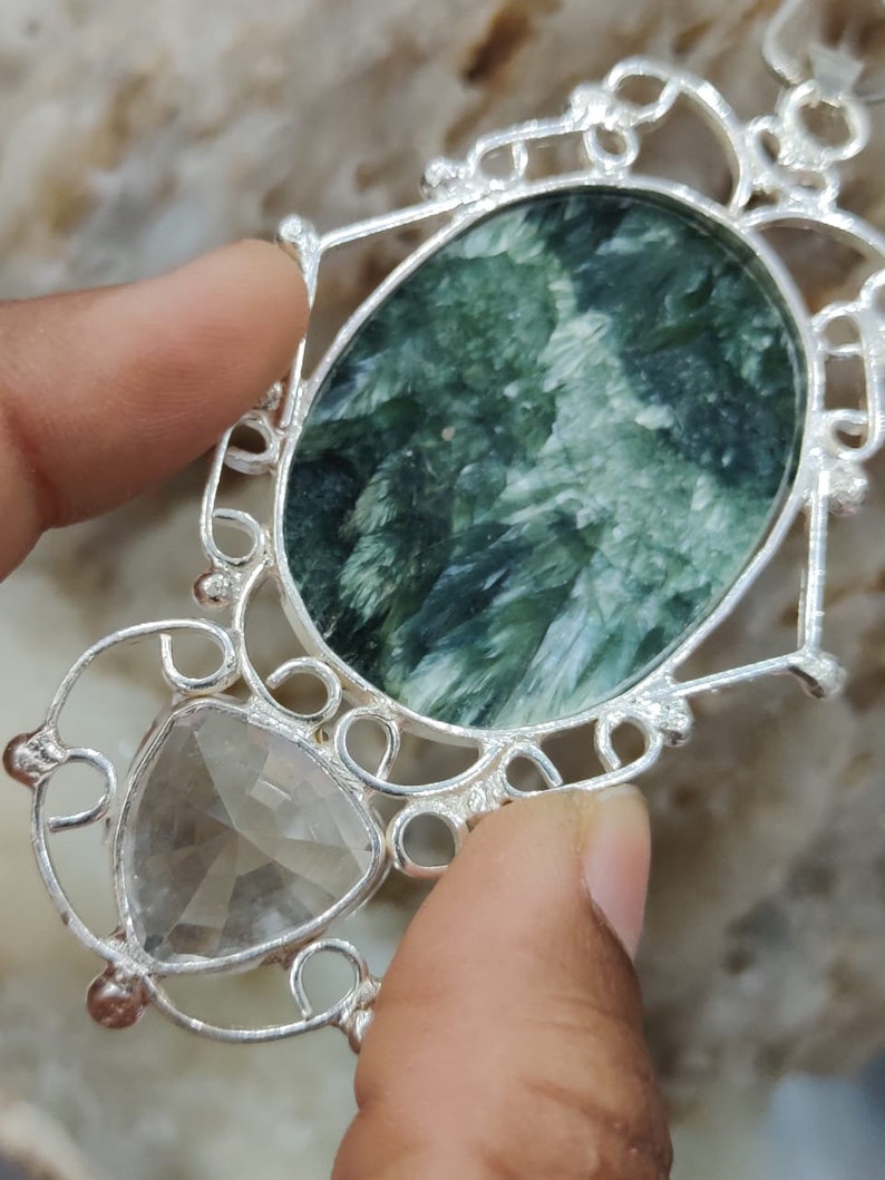 Seraphinite Stone Pollucite Trillion Cut Gemstone Pendant - Etsy