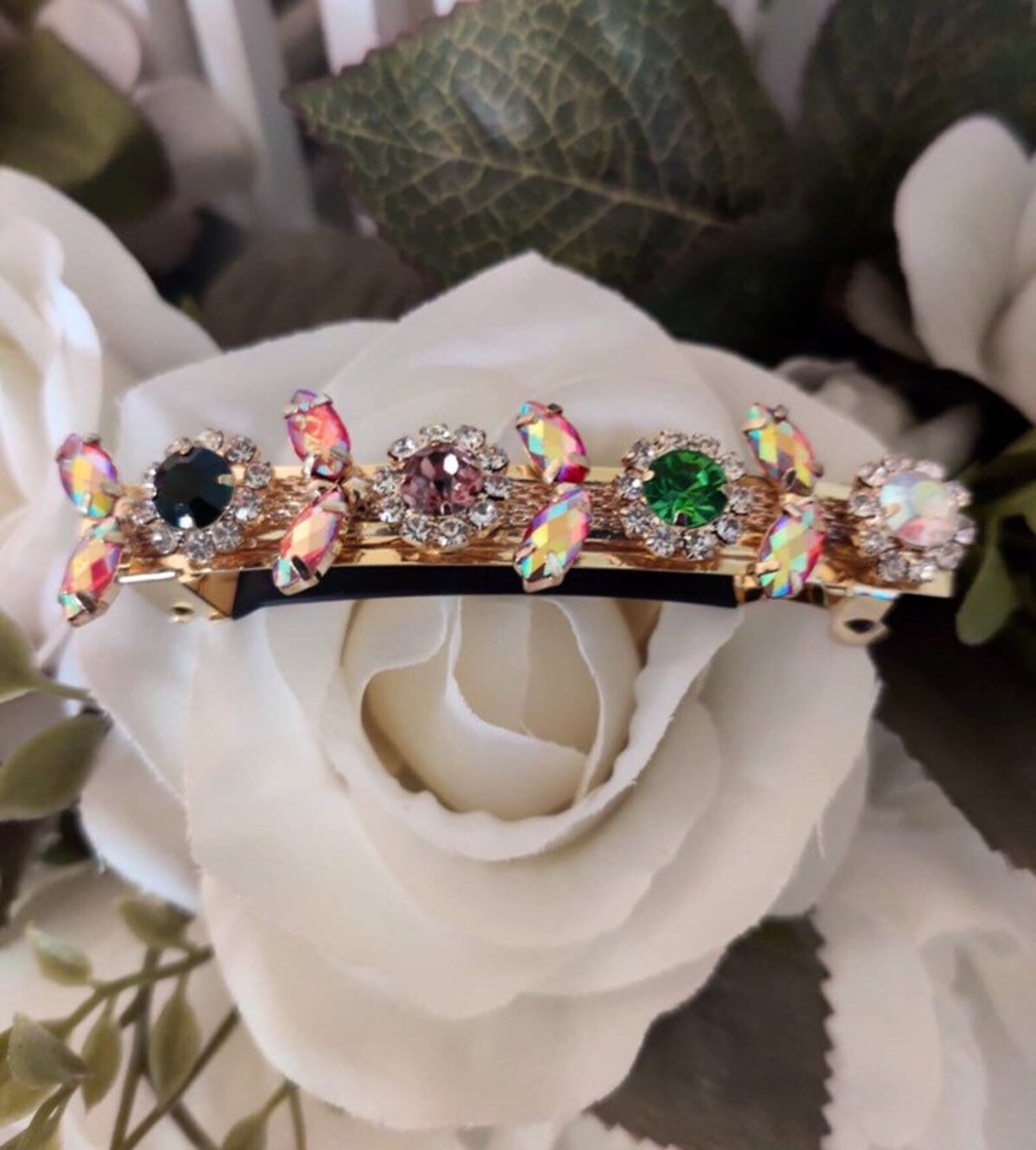Rhinestone Barrette Multi Color Barrette Gold Barrette Hair - Etsy