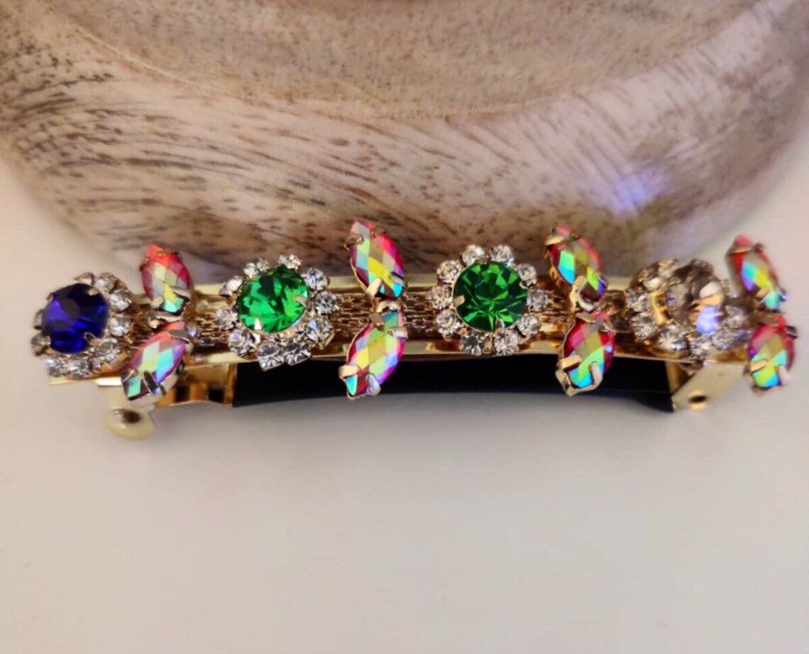 Rhinestone Barrette Multi Color Barrette Gold Barrette Hair - Etsy
