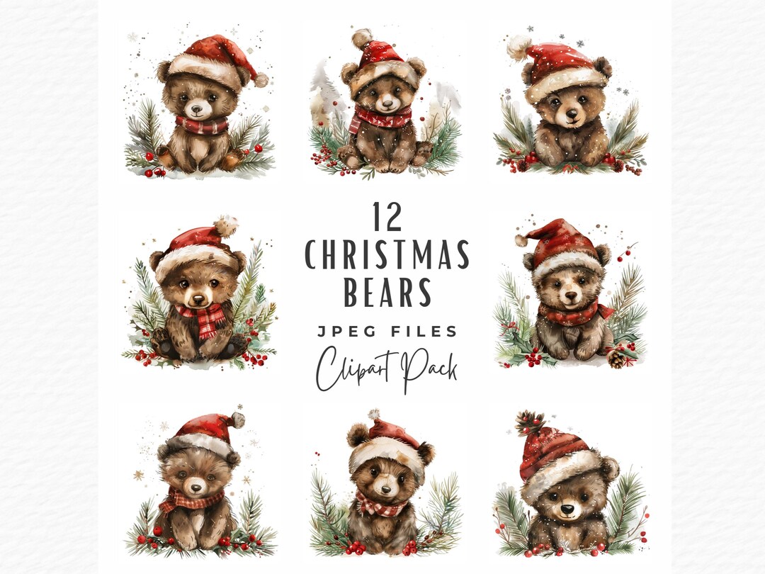 Christmas Bear Clipart Bundle | Watercolor Winter Holiday Cute Bears ...