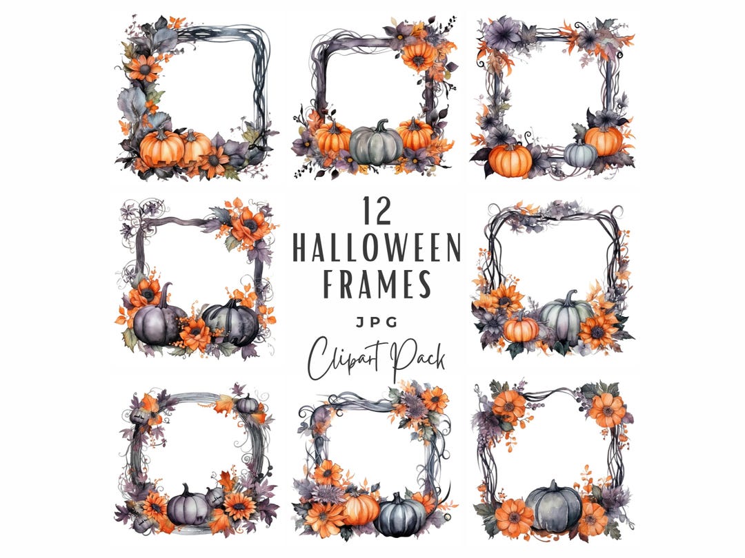 Watercolor Autumn Pumpkin Frame Clipart, Floral Fall JPG (digital ...