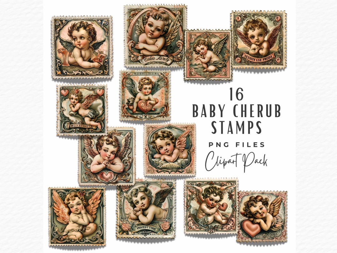 Cherub Postage Stamp Clipart: 16 Watercolor Valentine Pngs (digital ...