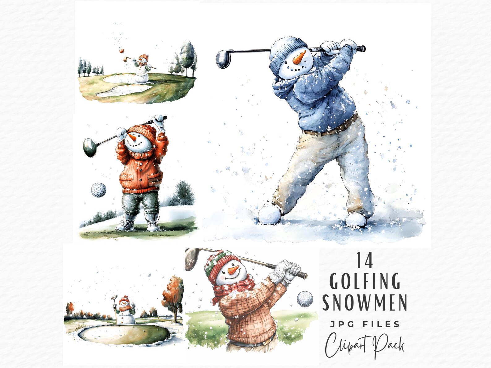 Golf Snowman Clipart Bundle, 14 Watercolor Christmas Winter Holiday ...