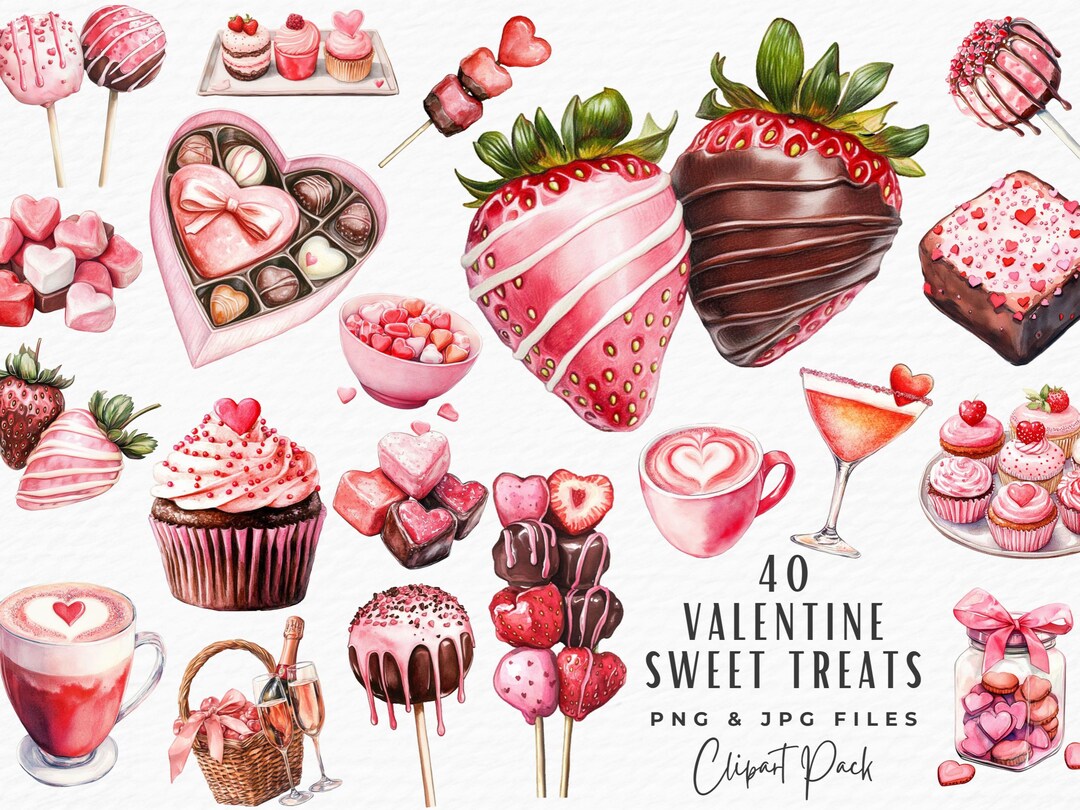 Watercolor Valentine Treats Clipart: Cupcakes, Candy, Chocolate ...