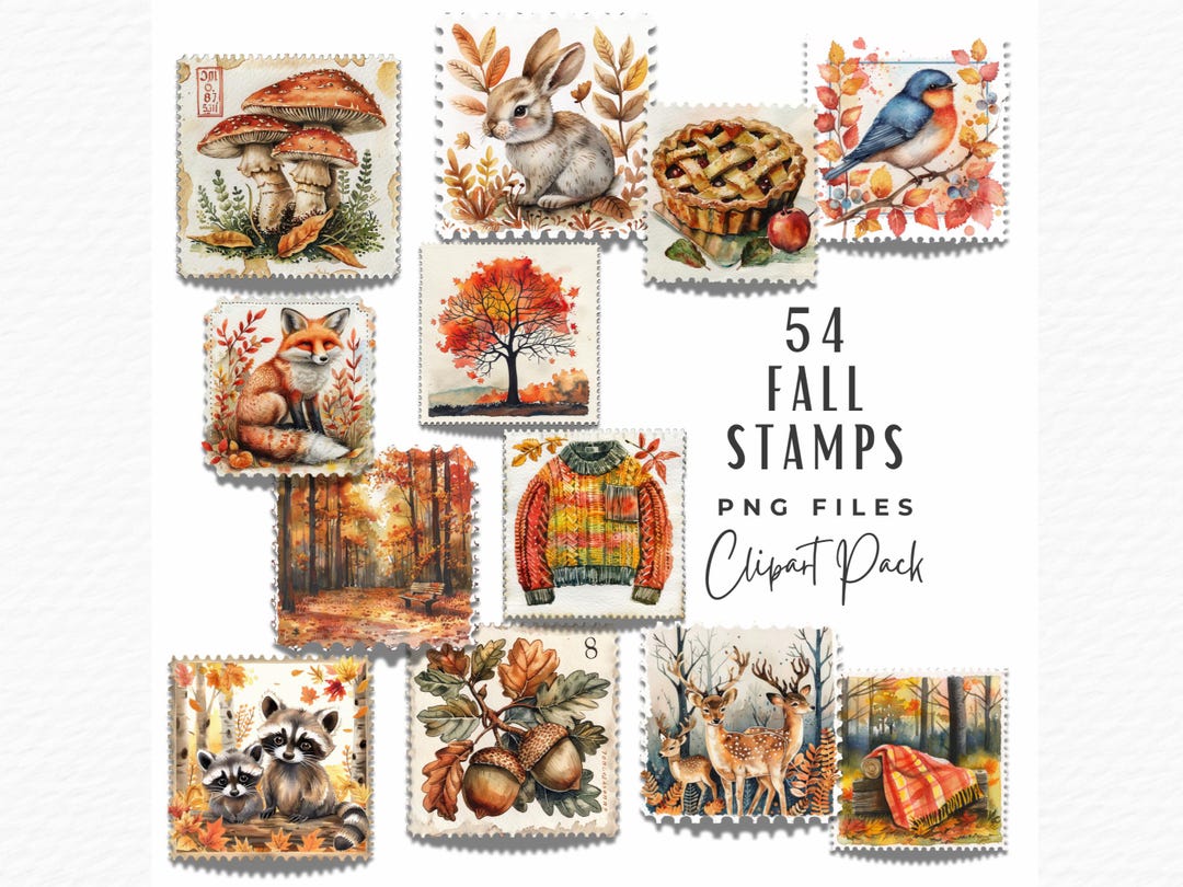 Fall Postage Stamp Clipart Bundle, 54 Vintage Faux Stamp PNG Autumn ...