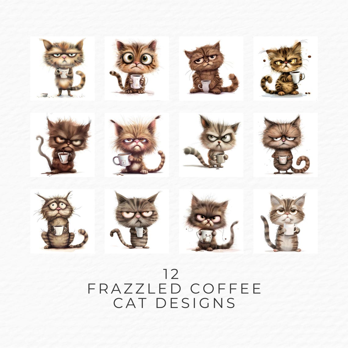 Watercolor Frazzled Coffee Cat Clipart: Funny Cartoon Tabby (digital ...
