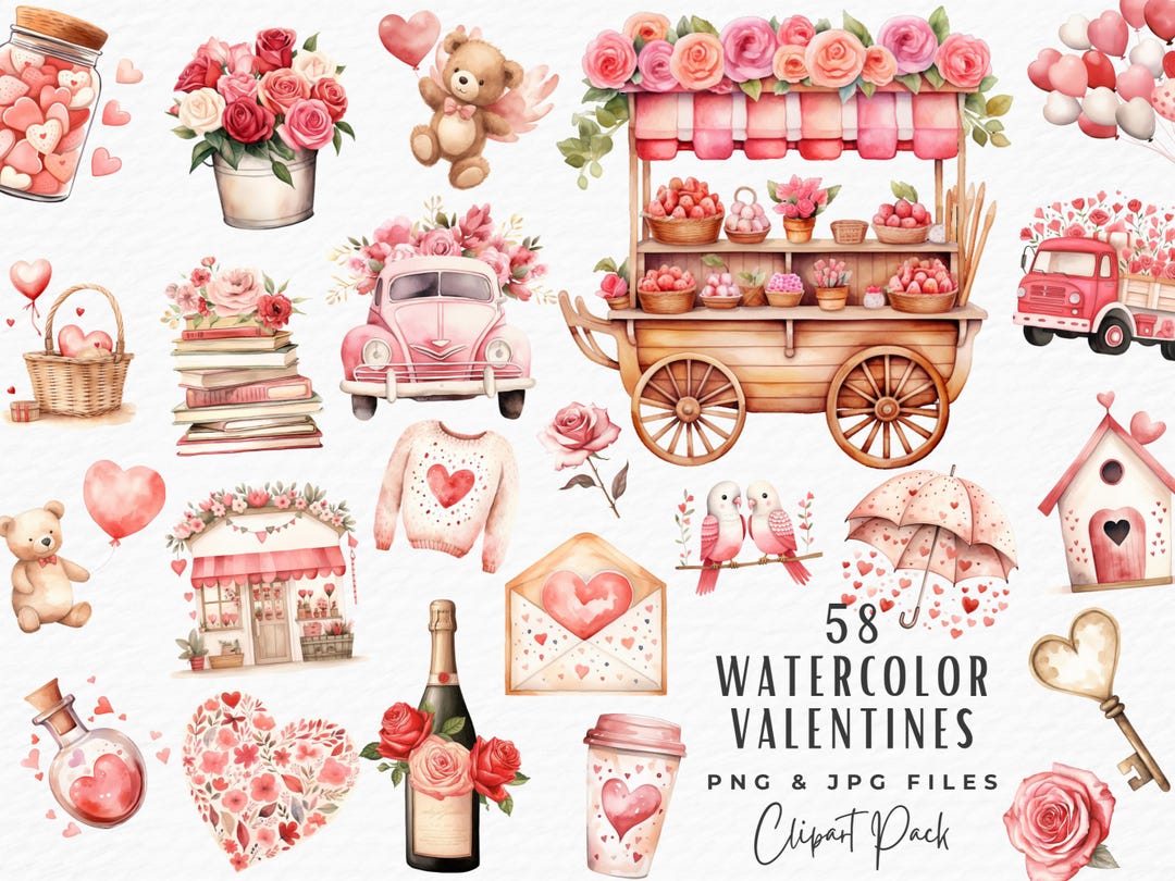 Pink Watercolor Valentine Clipart Bundle: 58 PNG & JPG Files (digital ...