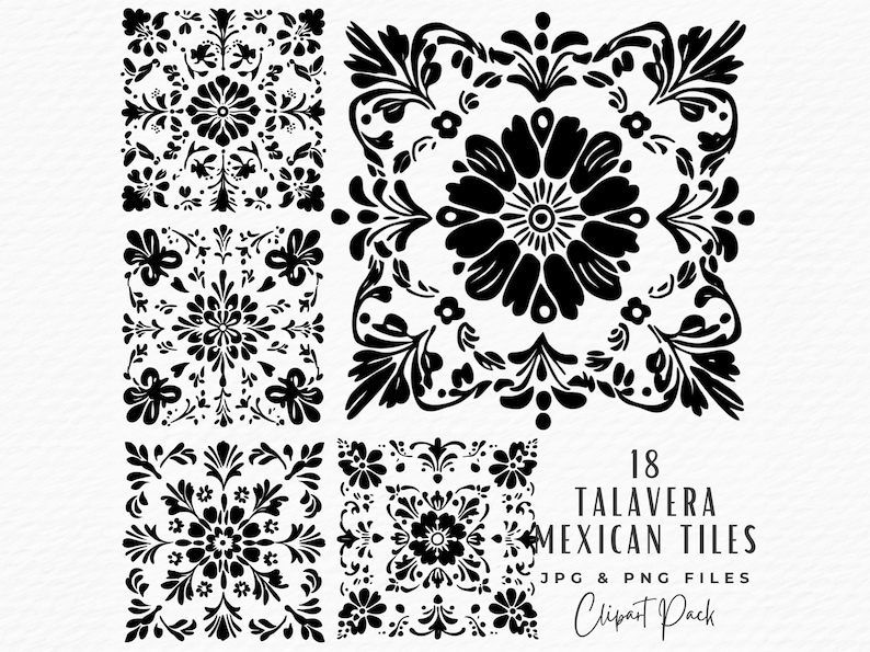 Mexican Talavera Clipart Set, 18 Black Talavera Mexican Tile Home Decor ...