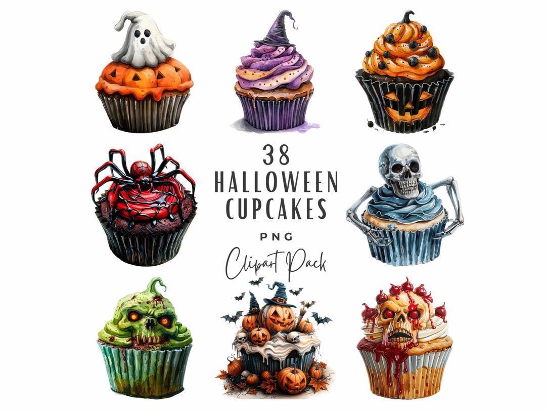 38 Halloween Cupcakes Clipart, Watercolour Trick or Treat Halloween ...