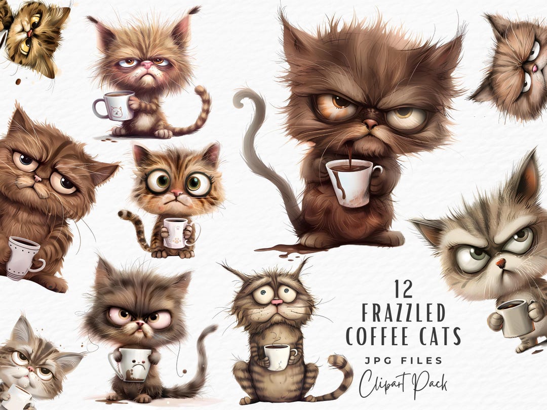 Frazzled Cat Clipart Bundle | Watercolor Quirky Funny Cartoon Tabby ...